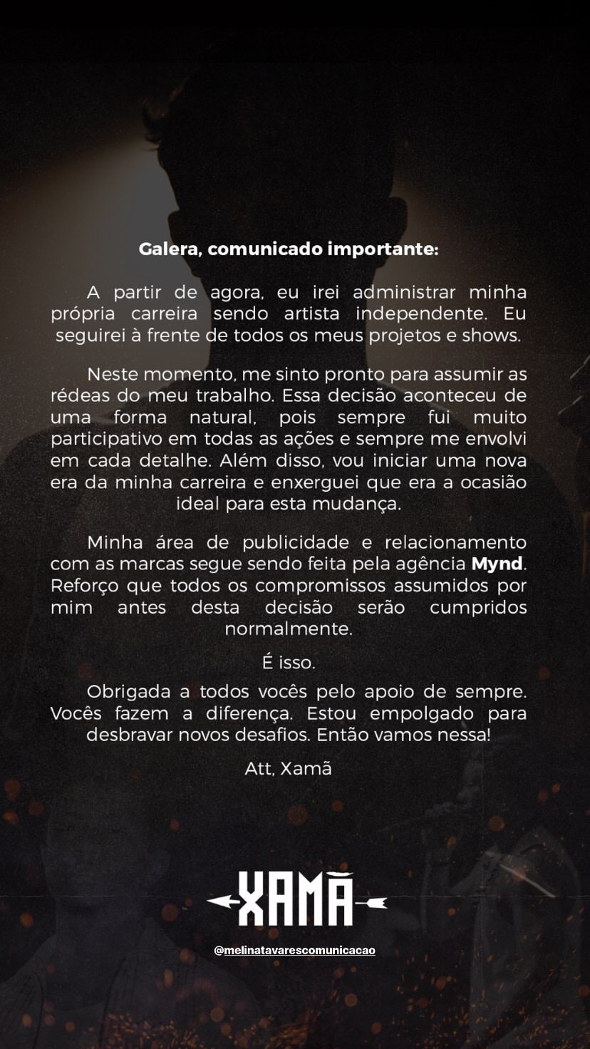 Xamã comunica que voltou a ser artista independente